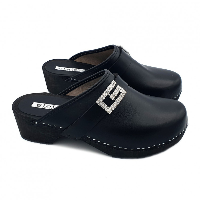 Black clogs swedish style with wooden base and upper in leather
